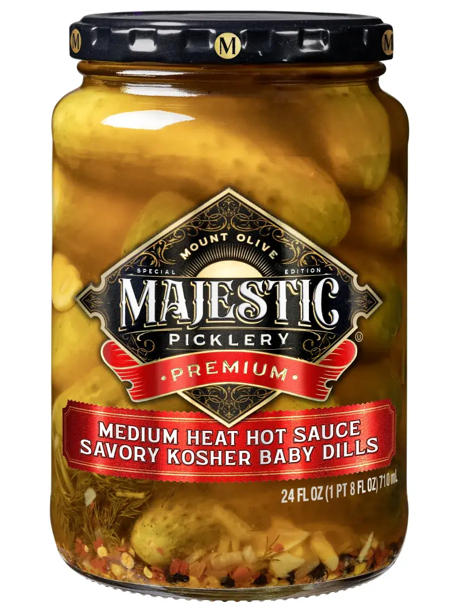 Majestic Medium Heat Hot Sauce Savory Kosher Baby Dills | Mt. Olive Pickles